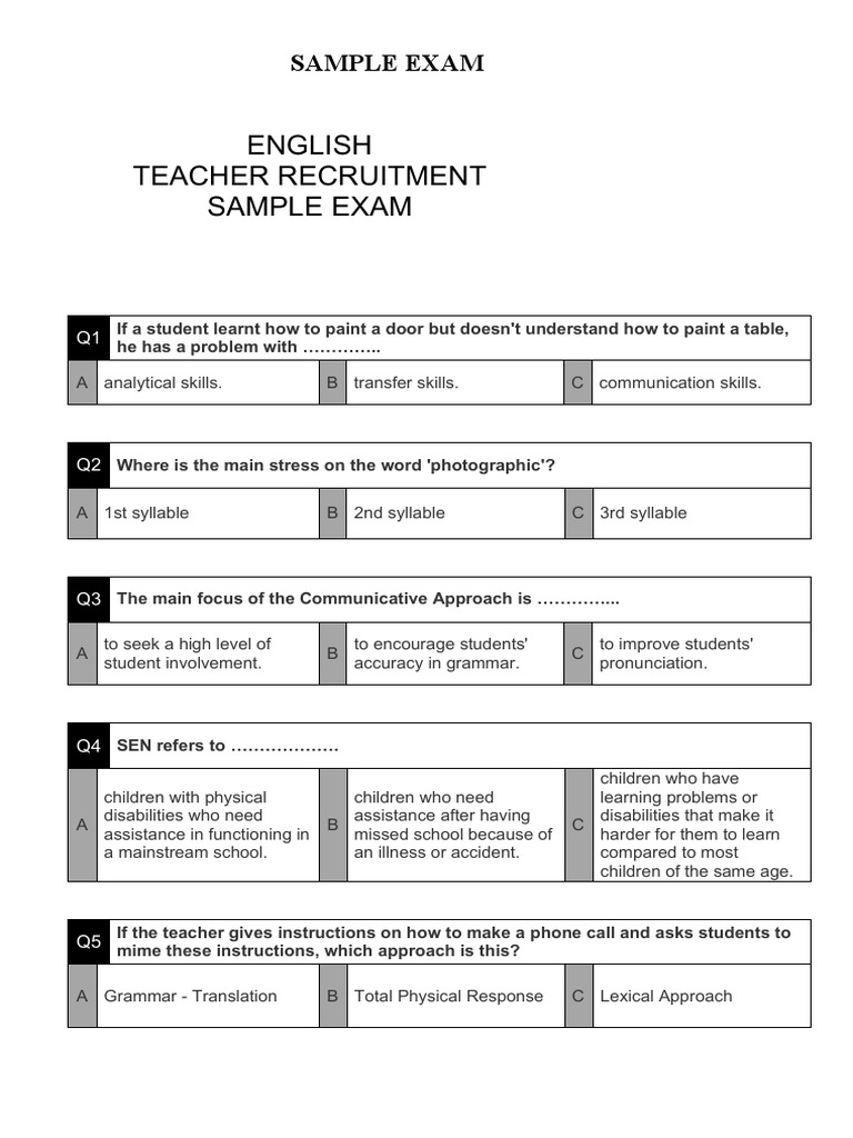 Sample English Exam | PDF | Linguistics | Behavior Modification