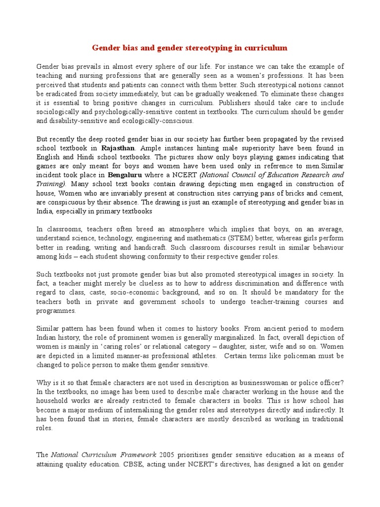 Gender Bias And Gender Stereotyping In Curriculum Pdf Curriculum