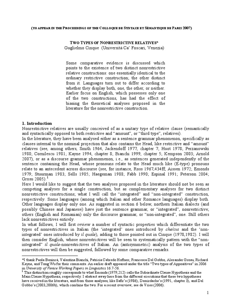 Cinque 08 Two Types of No | PDF | Clause | English Language