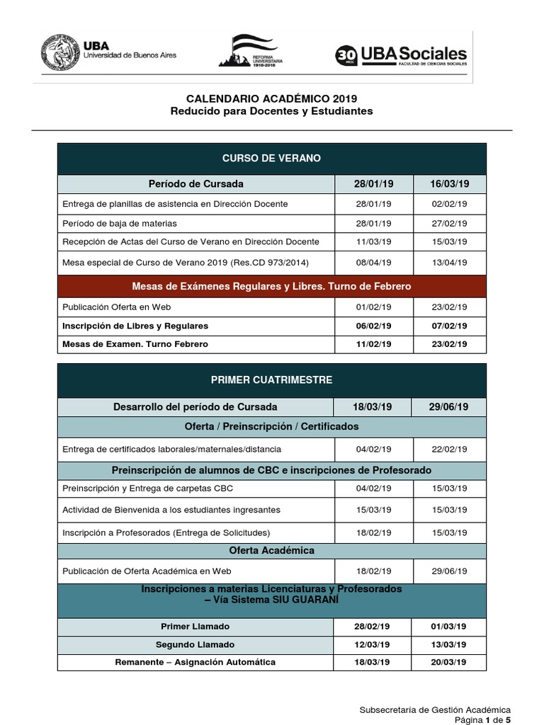 Calendario Académico 2019 Sociales UBA | PDF