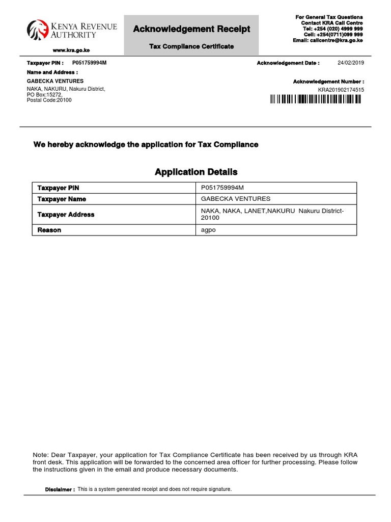 Acknowledgement Receipt For Tax Compliance Certificate | PDF