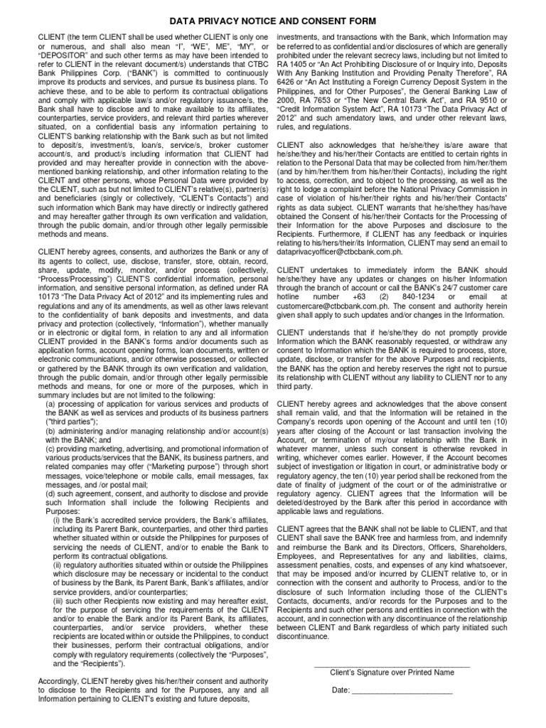Data Privacy Notice and Consent Form | PDF | Confidentiality | Banks