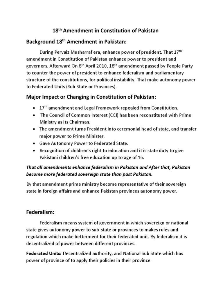 Impact of 18th Amendment on Federalism | PDF | Pakistan | Federalism