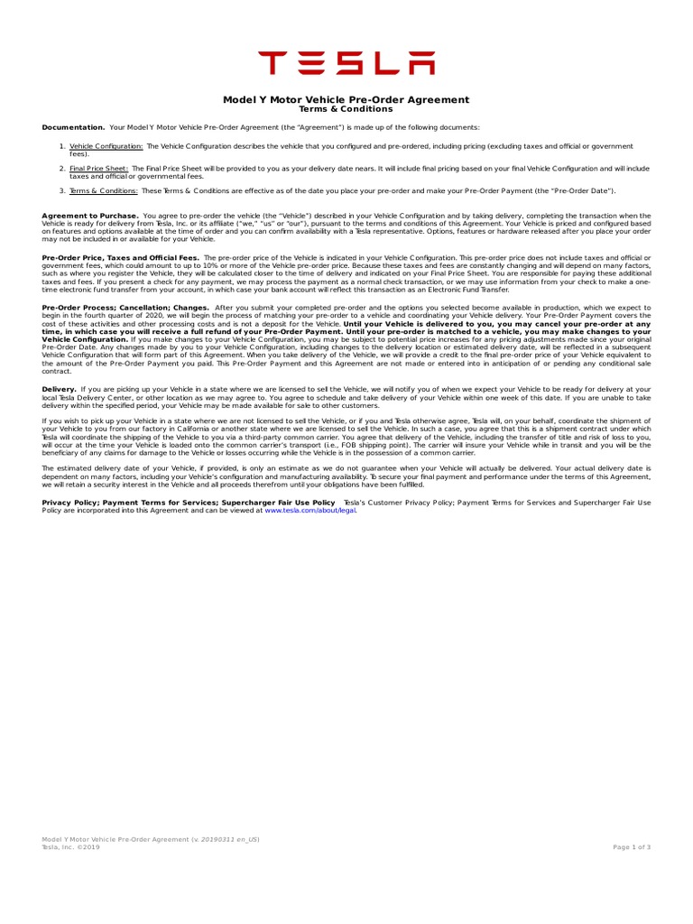 Tesla Model Y Orderagreement en US 20190311 | PDF | Arbitration | Payments
