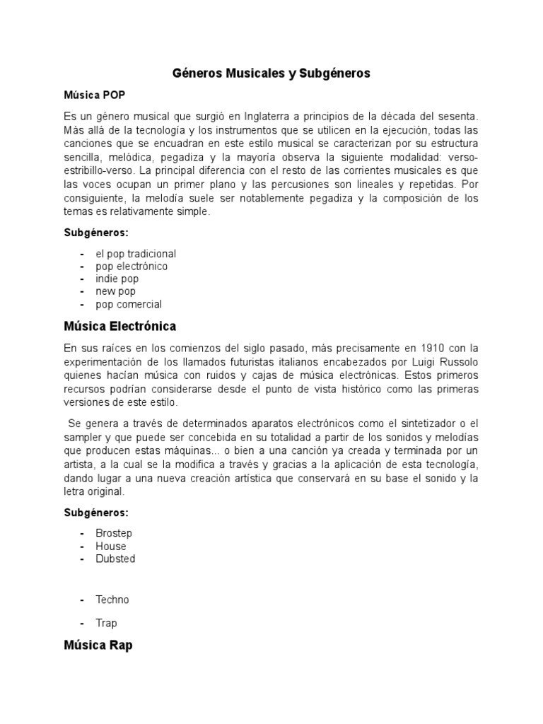 Géneros Musicales y Subgéneros Clave | PDF | Reggae | Música electrónica