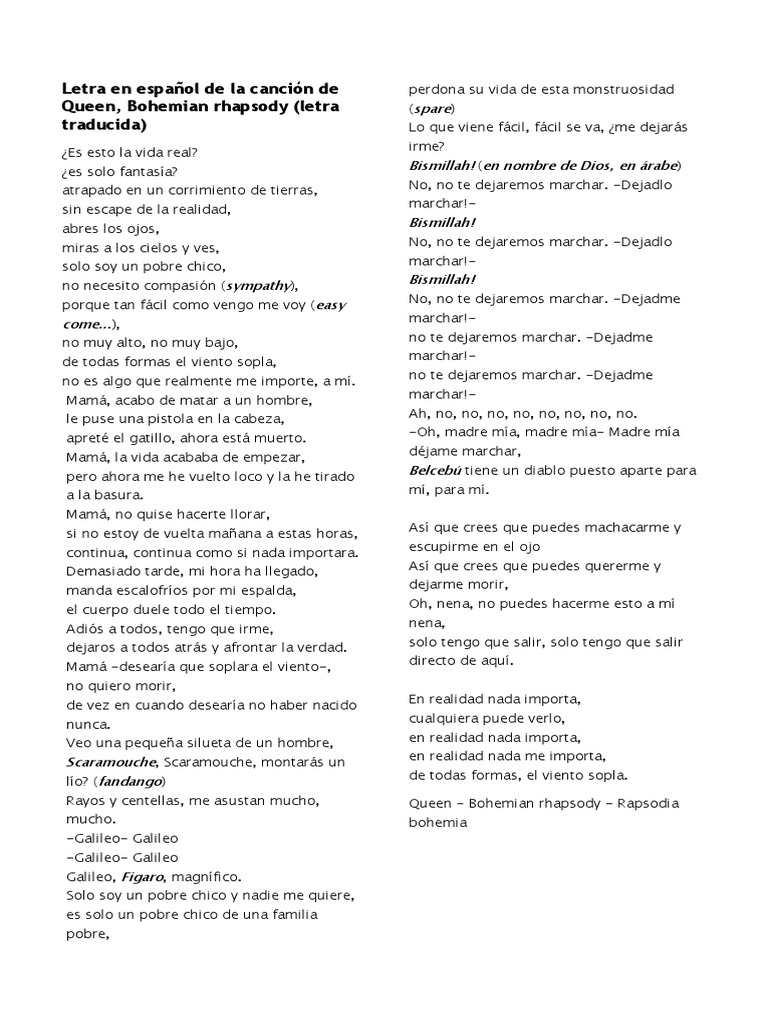 Letra en Español de La Canción de Queen | PDF | Ocio