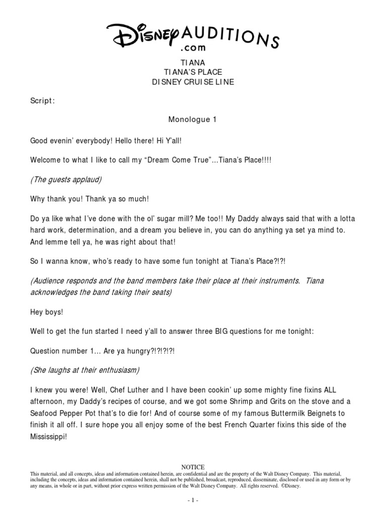Tiana Tiana'S Place Disney Cruise Line Script: Monologue 1: (The Guests ...
