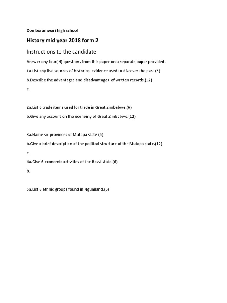 History Mid Year 2018 Form 2: Instructions To The Candidate | PDF | Travel