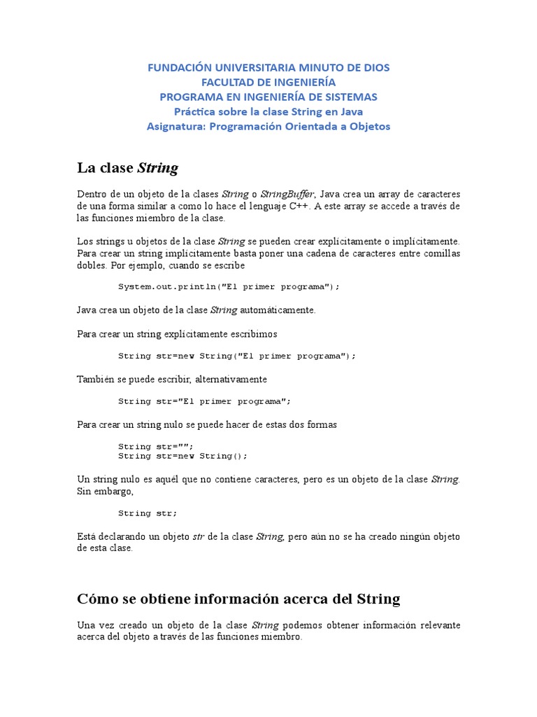 Práctica Sobre La Clase String | PDF | Cadena (informática) | Java (lenguaje de programación)