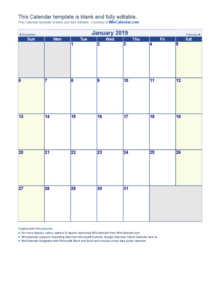 January 2019: This Calendar Template Is Blank and Fully Editable | PDF ...