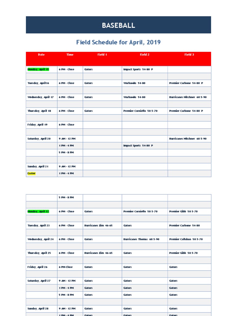 Baseball: Field Schedule For April, 2019 | PDF | Workweek And Weekend ...