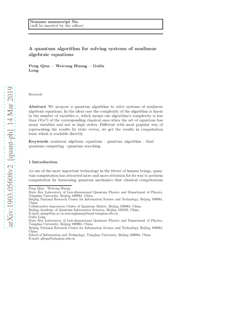 A Quantum Algorithm For Solving Systems of Nonlinear Algebraic Equations | PDF | Quantum ...