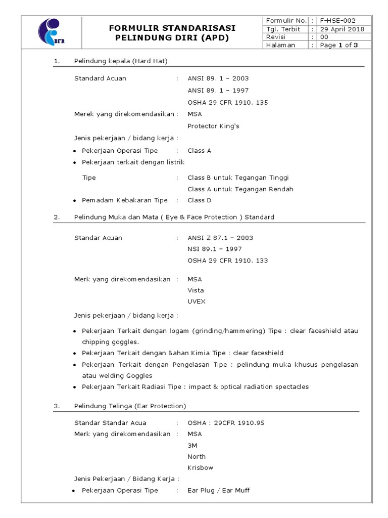 Formulir-002 Standarisasi APD Perusahaan | PDF