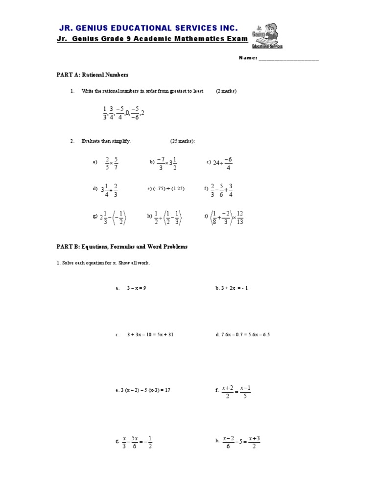 Grade 9 Maths Exam Paper | PDF | Equations | Algebra