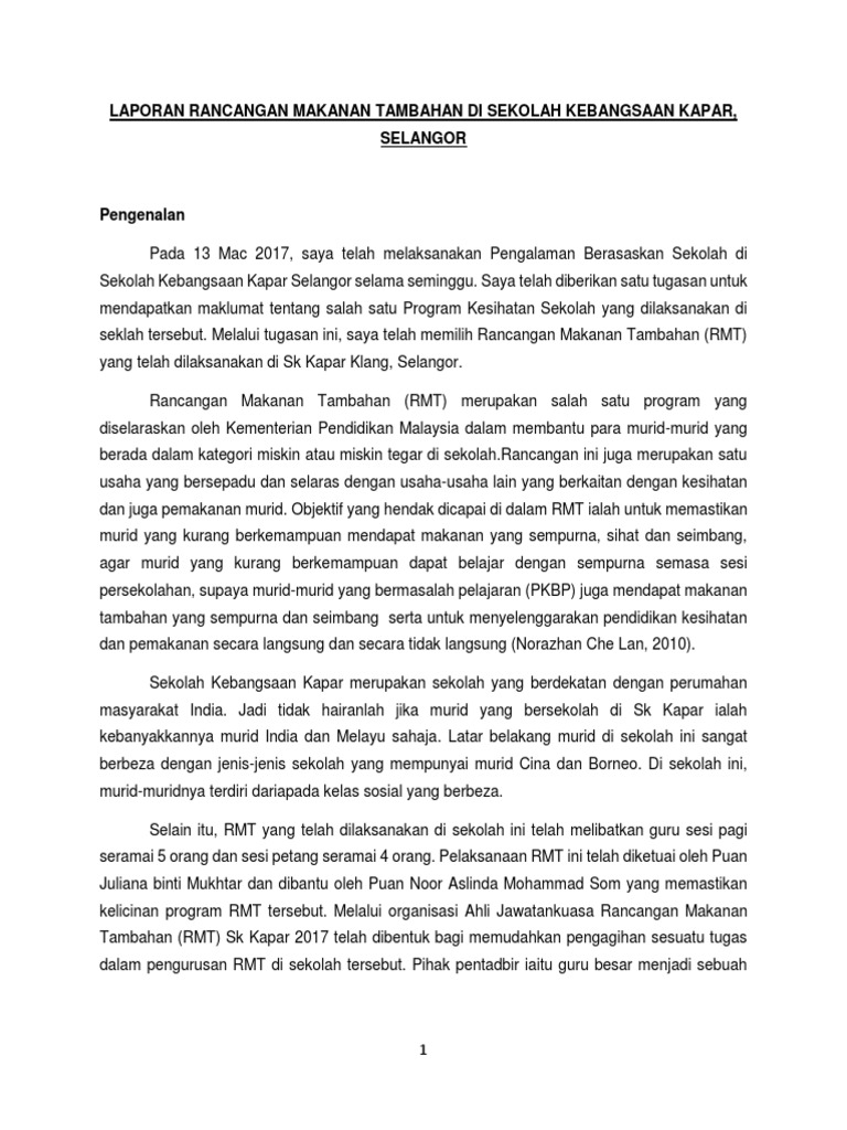 Laporan Rancangan Makanan Tambahan Di Sekolah Kebangsaan Kapar | PDF
