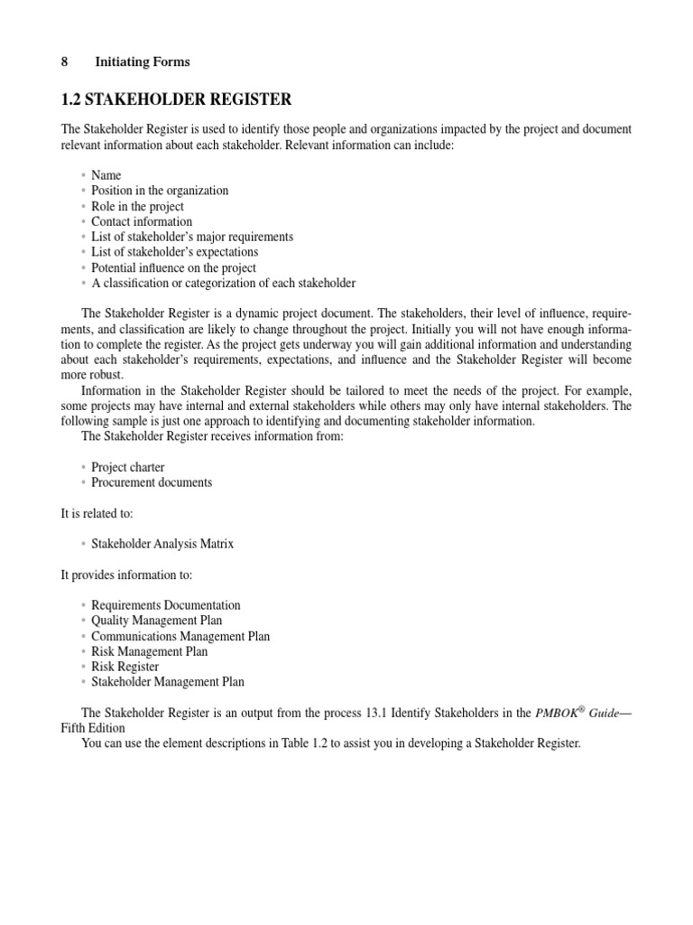 1.2 Stakeholder Register: 8 Initiating Forms | Download Free PDF ...