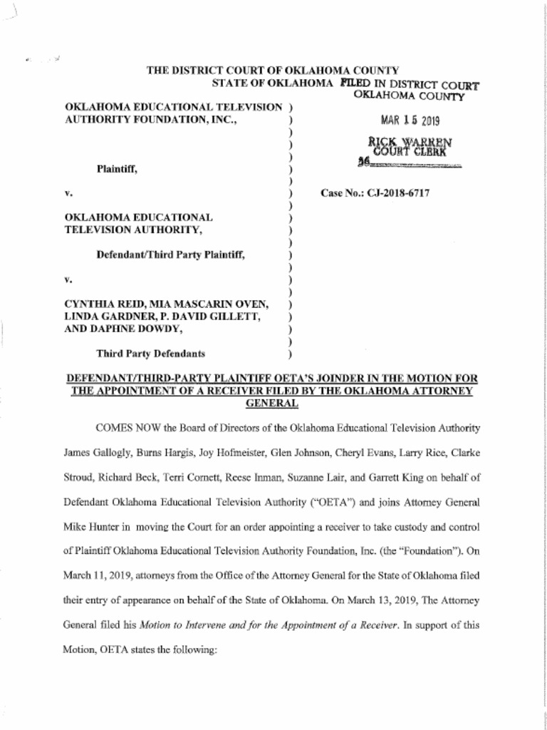 2019-03-15 OETA's Joinder in The Motion For The Appointment of Receiver ...