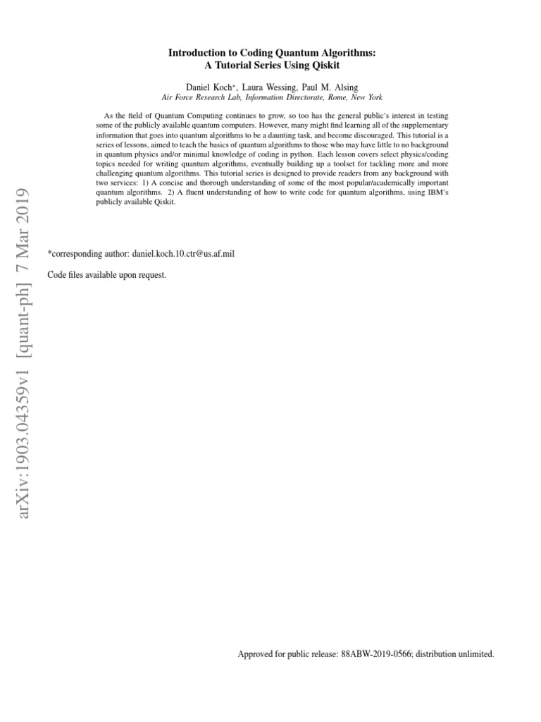 Introduction To Coding Quantum Algorithms A Tutorial Series Using ...