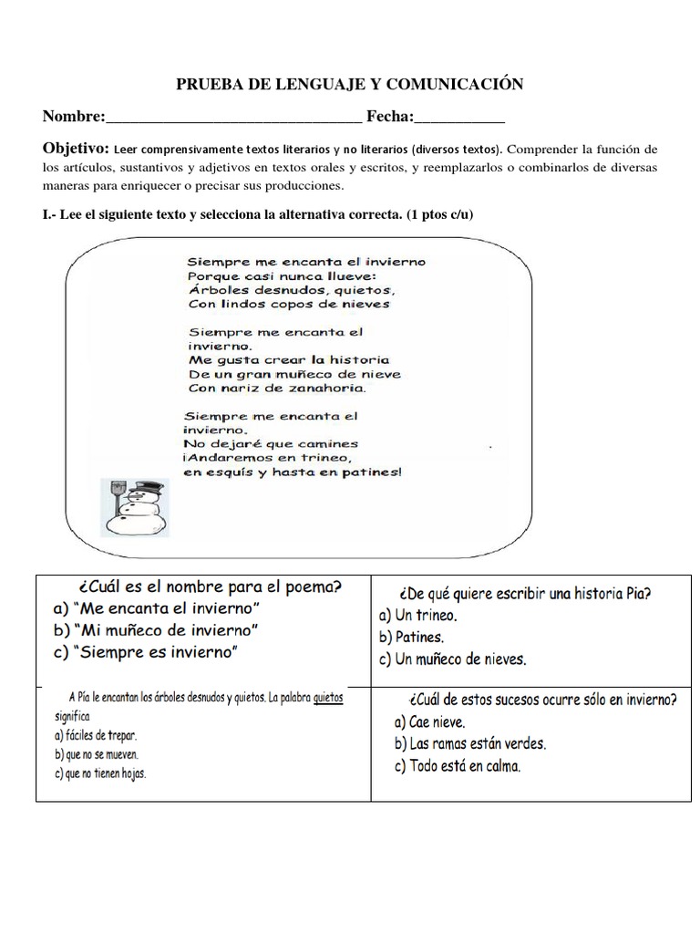 Prueba de Comprension Lectora, Sustantivos y Adjetivos | PDF