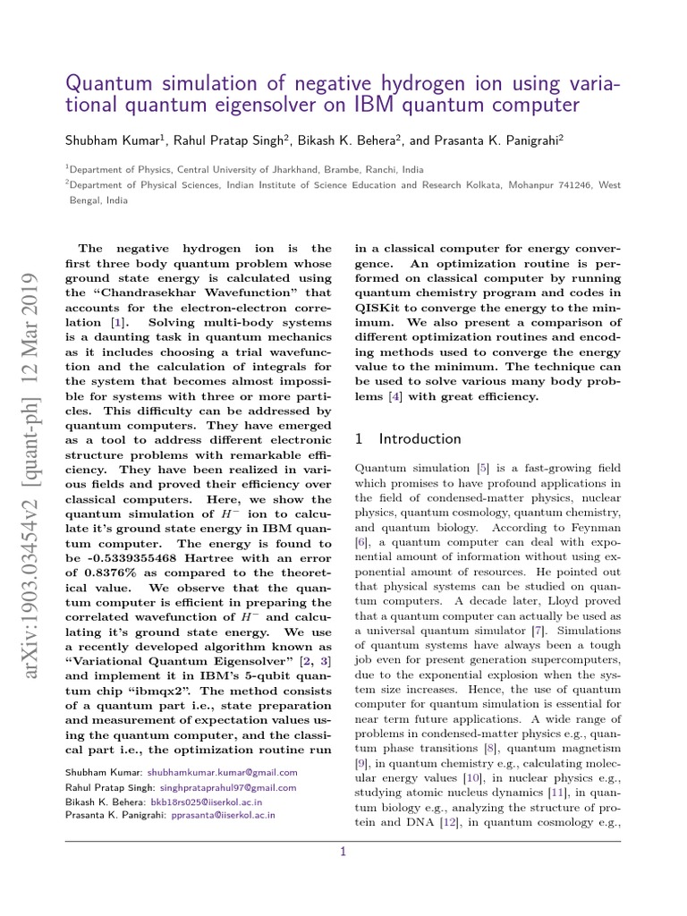 Quantum Simulation of Negative Hydrogen Ion Using Variational Quantum Eigensolver On IBM Quantum ...