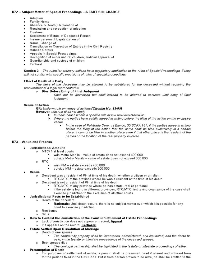 Special Proceedings Subject Matter Guide | PDF | Will And Testament ...