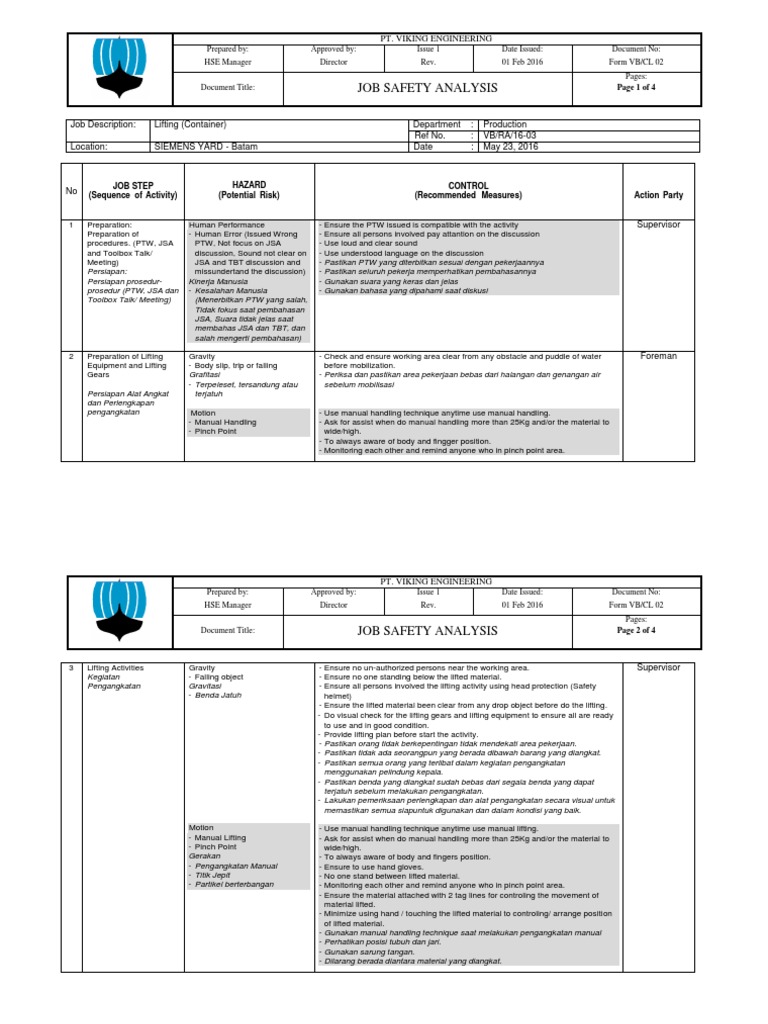 Job Safety Analysis: Pt. Viking Engineering | PDF | Safety | Nature