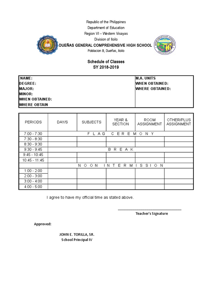 Schedule of Classes SY 2018-2019 | PDF