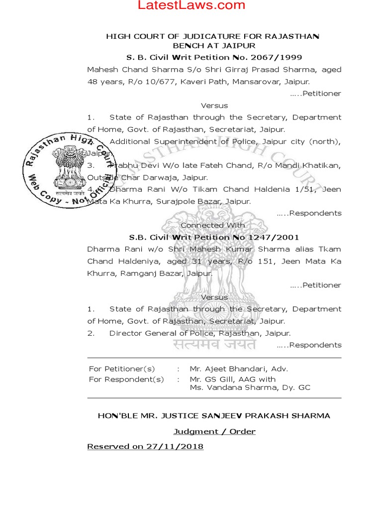 Mahesh Chand Sharma v. Dharma Rani by Rajasthan High Court 2019 Extra Marital Affair No Ground ...