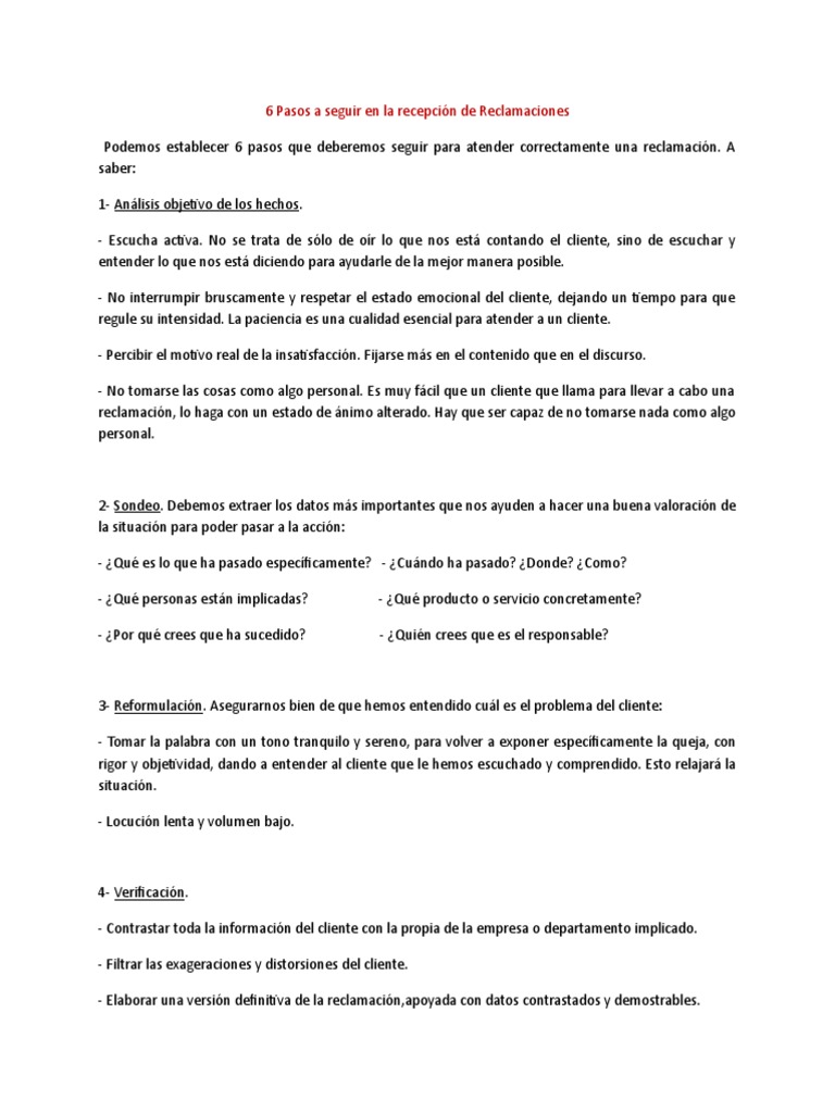 Pasos para Una Correcta Reclamación Del Cliente | PDF | Cliente | Cognición