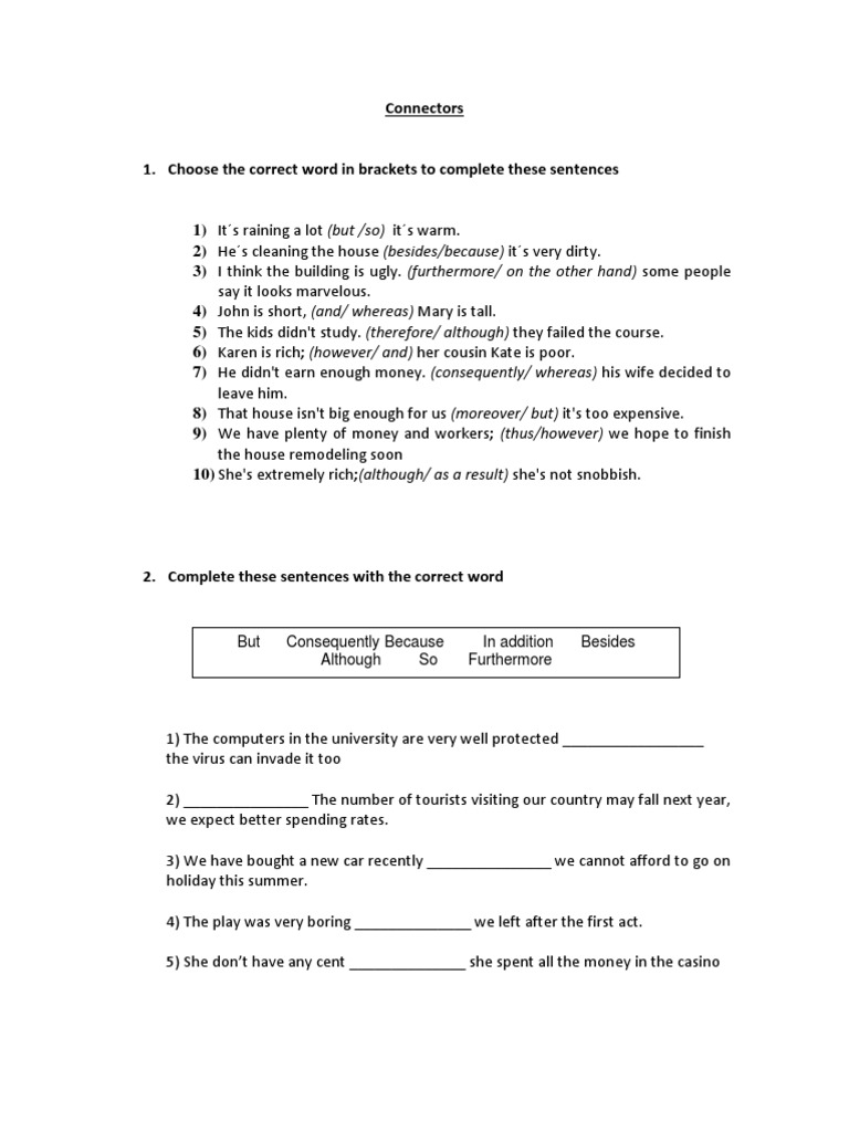 Connectors: Sentence Completion Exercises | PDF