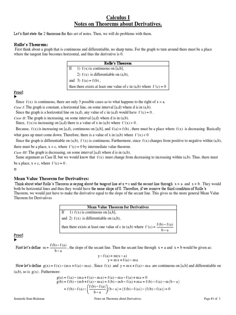 Analysis of Key Calculus Concepts: Exploring Rolle's Theorem and the ...
