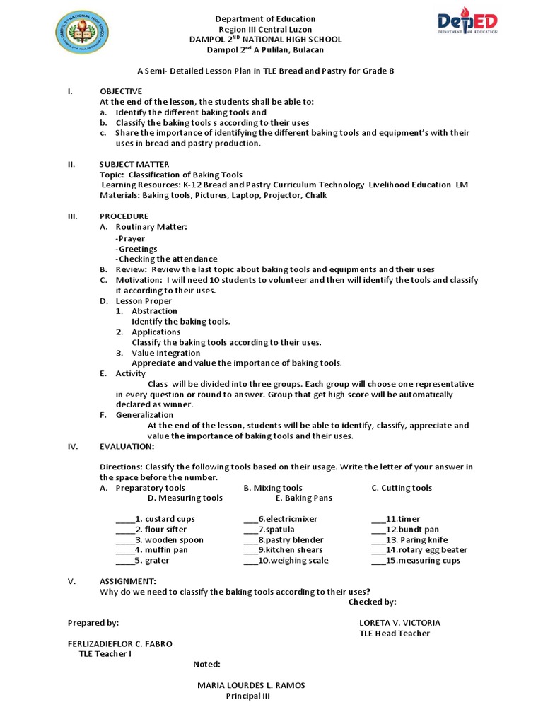 Semi Detailed Lesson Plan Sept. 17 Grade 8 | PDF | Baking | Lesson Plan