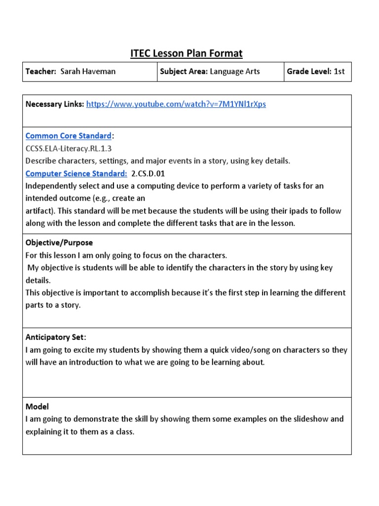 ITEC Lesson Plan Format: Teacher: Subject Area: Grade Level | PDF
