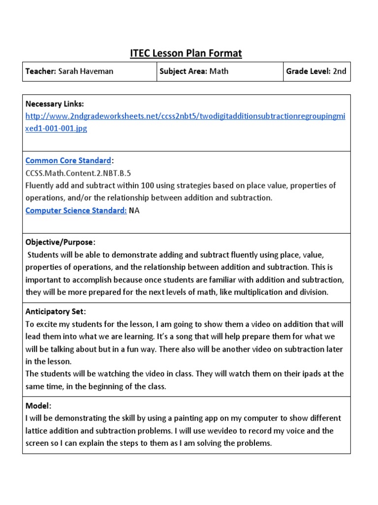 ITEC Lesson Plan Format: Teacher: Subject Area: Grade Level | PDF ...