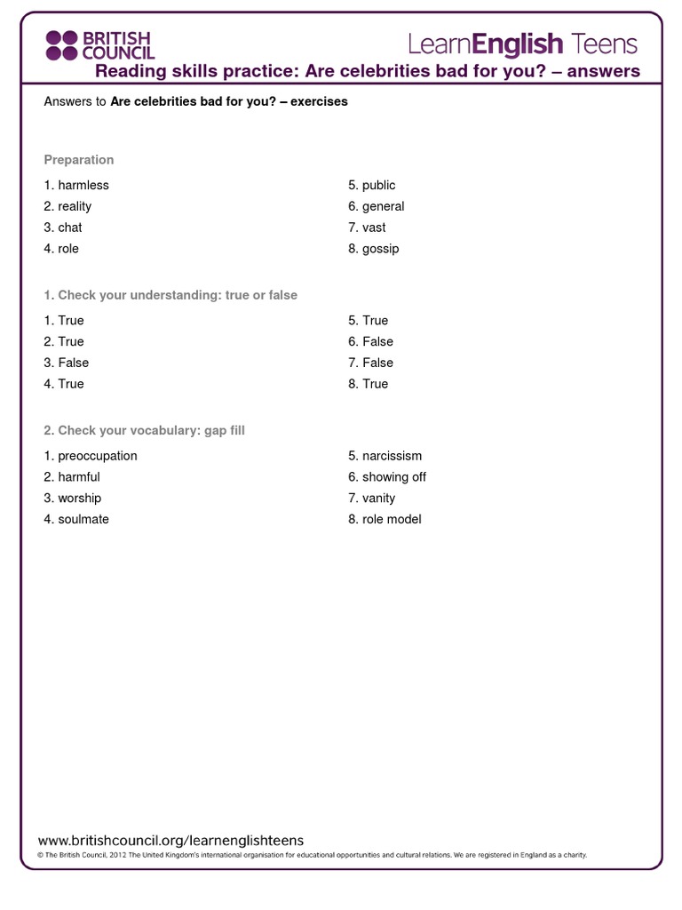 Are Celebrities Bad For You - Answers | PDF | Language Arts ...