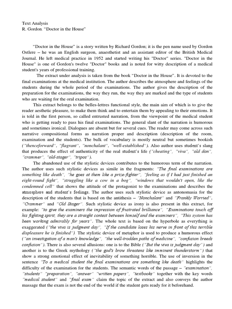 A Stylistic Analysis of An Extract From The Doctor in The House by R ...