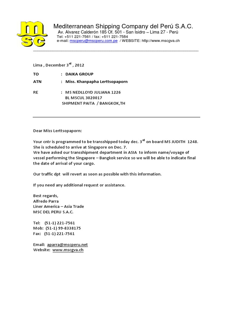 MSC Letter | PDF | Cargo | Shipping
