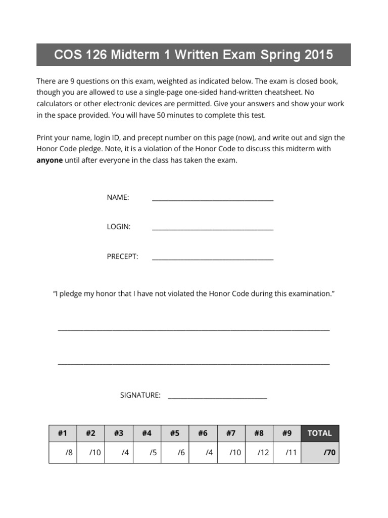 COS 126 Midterm 1 Written Exam Spring 2015: Total | PDF | Method (Computer Programming ...