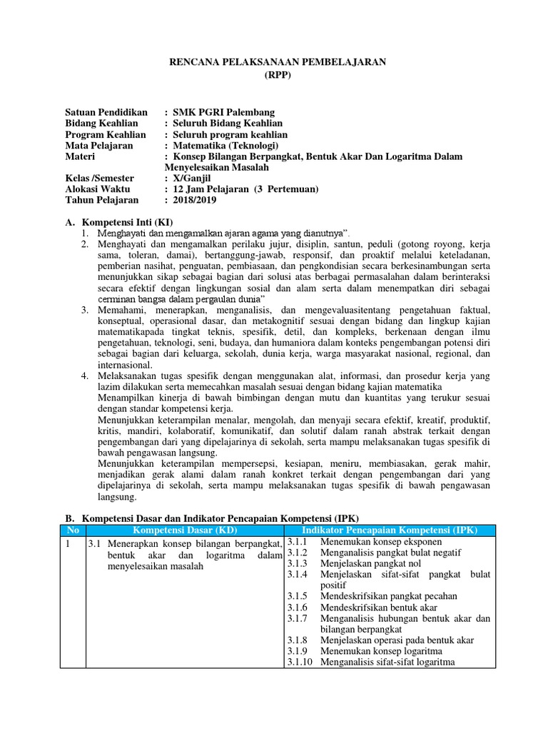 RPP KD 3.1 Bilangan Berpangkat | PDF