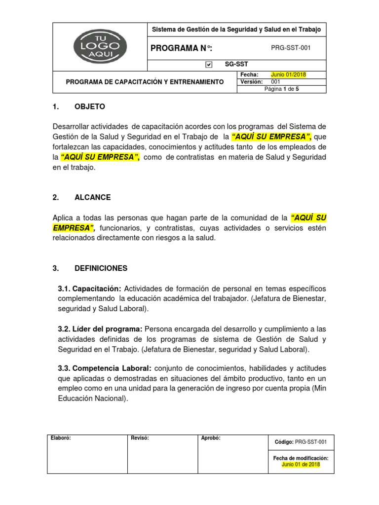 Prg Sst 001 Programa De Capacitación Y Entrenamiento Pdf Bienestar