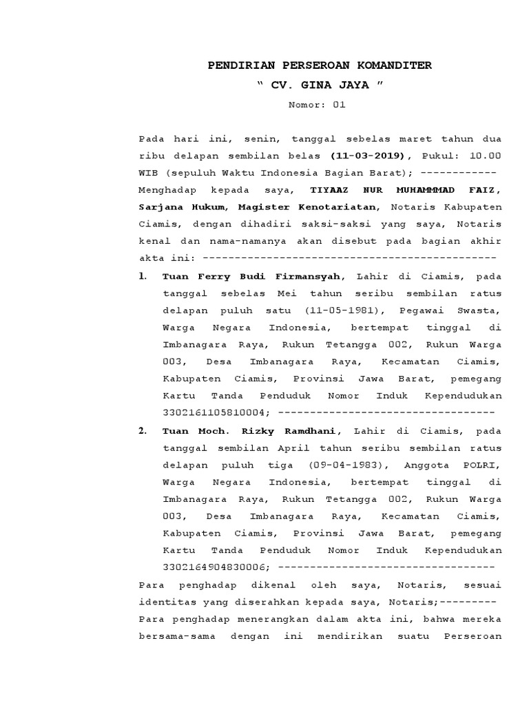 Akta Pendirian CV | PDF