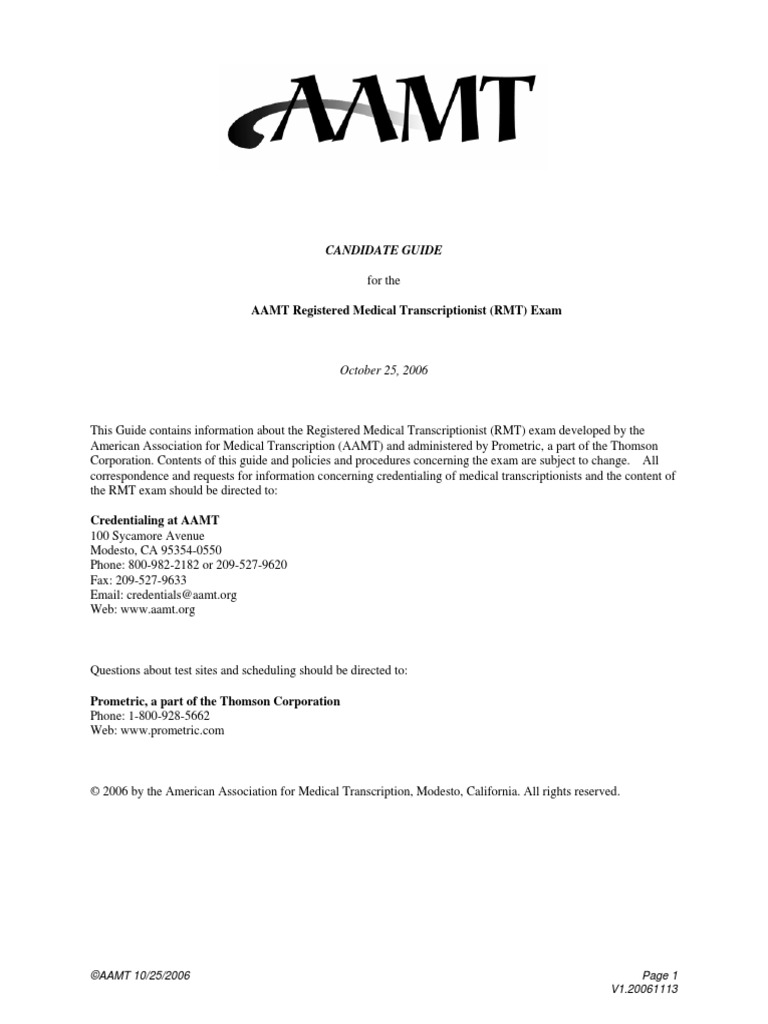 AAMT Registered Medical Transcriptionist (RMT) Exam: Candidate Guide ...