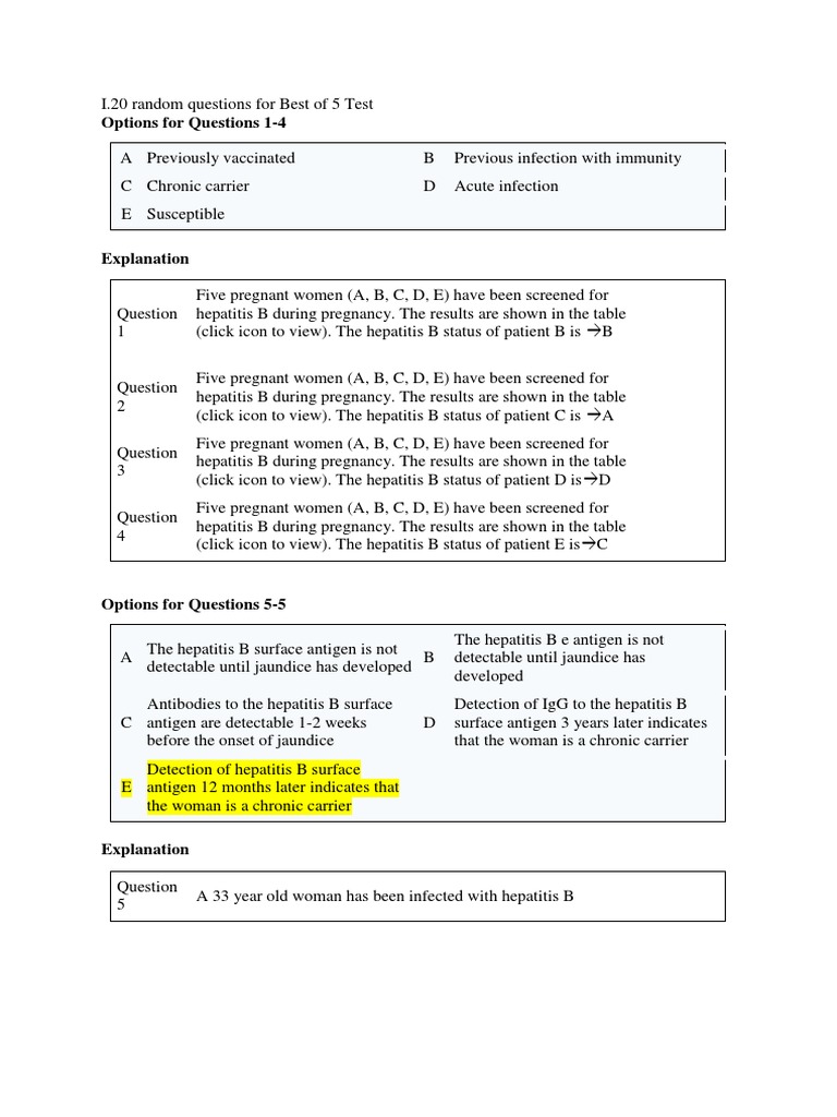Options For Questions 1-4 | PDF | Hepatitis B | Hepatitis