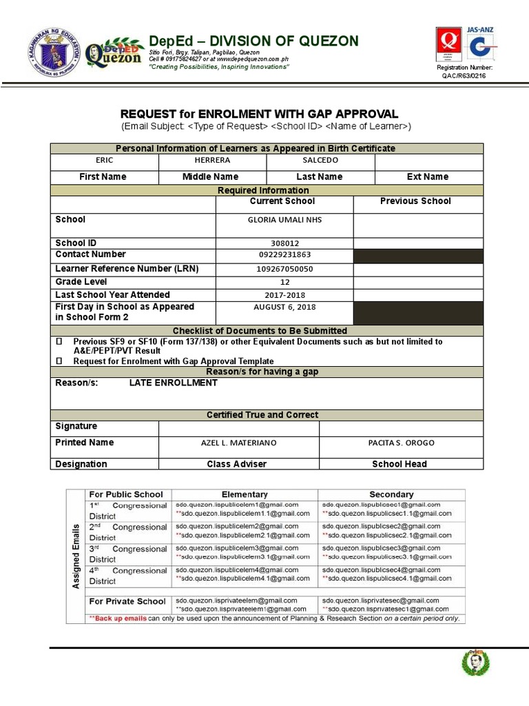Request For Enrolment With Gap Approval | PDF | Government Information ...
