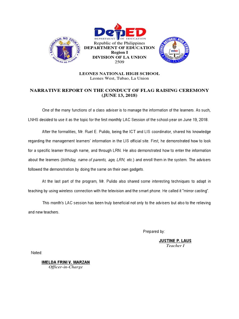 Narrative Report-Flag Raising June LNHS 2018-2019 | PDF | Cognition ...