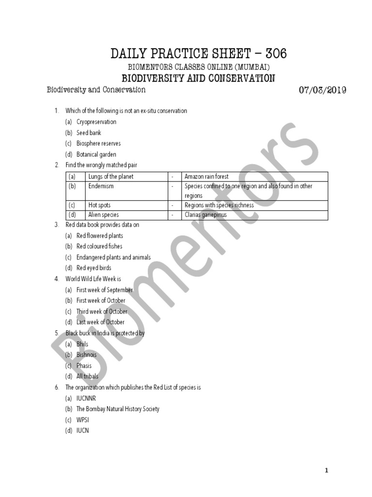 Daily Practice Sheet - 306 - 0utffqf | PDF | Biodiversity ...