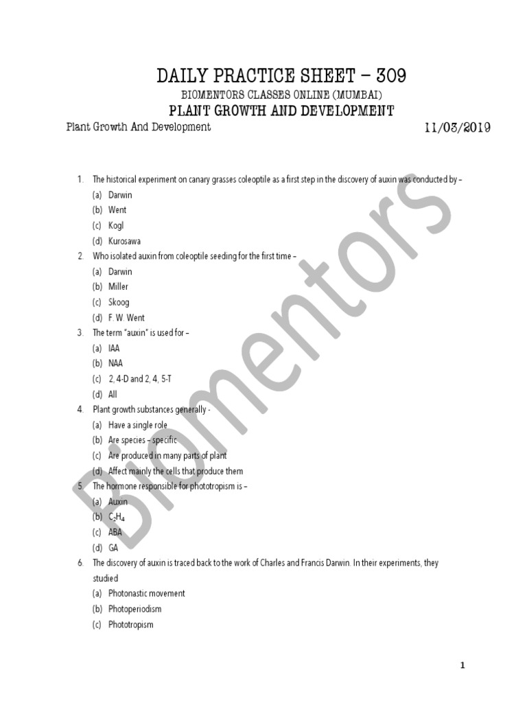 Daily Practice Sheet - 309 - cvwx10p | PDF | Auxin | Plant Hormone