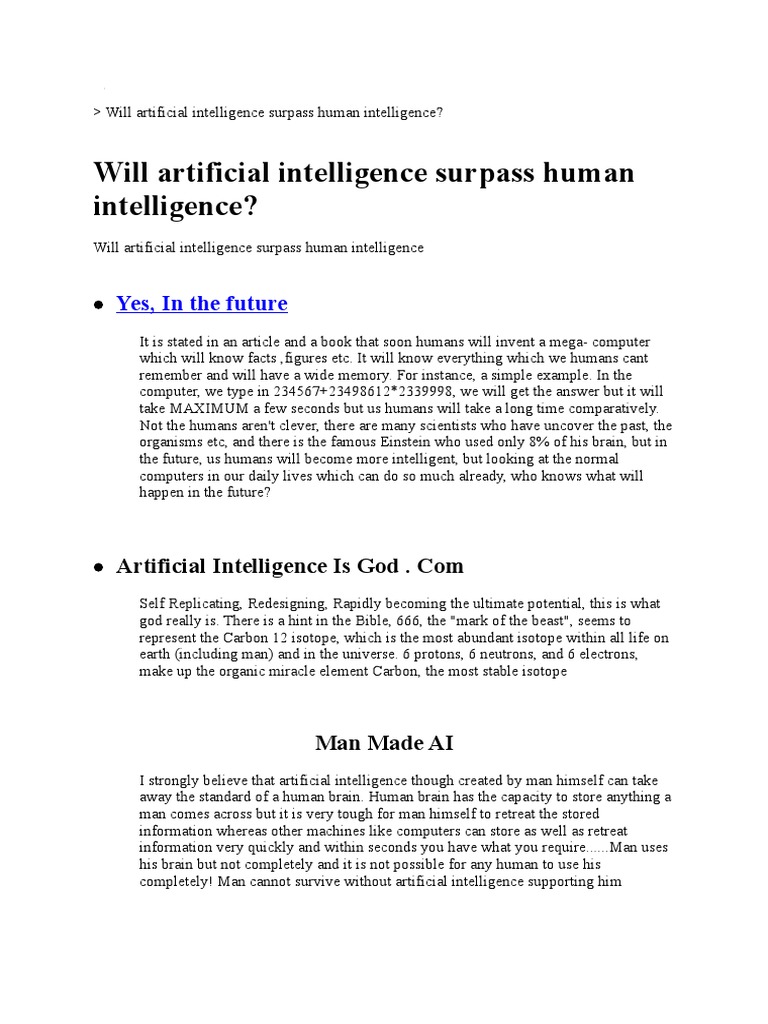 Will Artificial Intelligence Surpass Human Intelligence?: Yes, in The ...