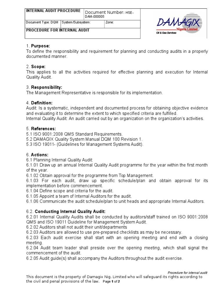 Procedure For Internal Audit | PDF | Internal Audit | Audit