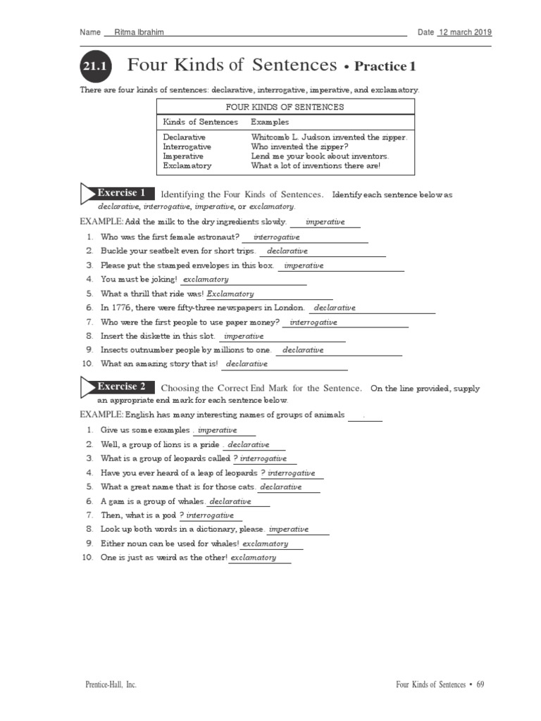 Four Kinds Of Sentences Worksheet Types Of Sentences Worksheets